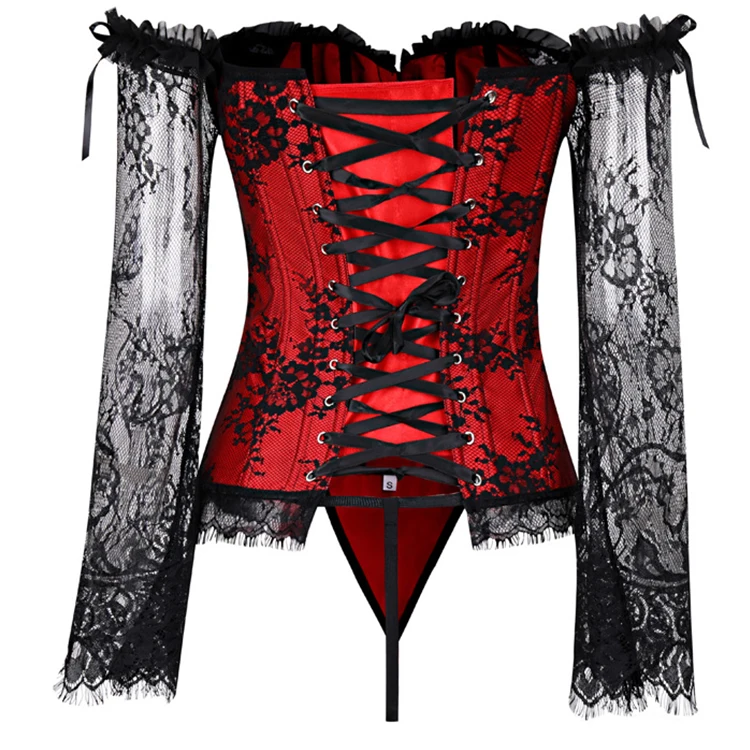 Plus Size Gothic Floral Long Sleeve Lace Overbust Corset Steampunk ...