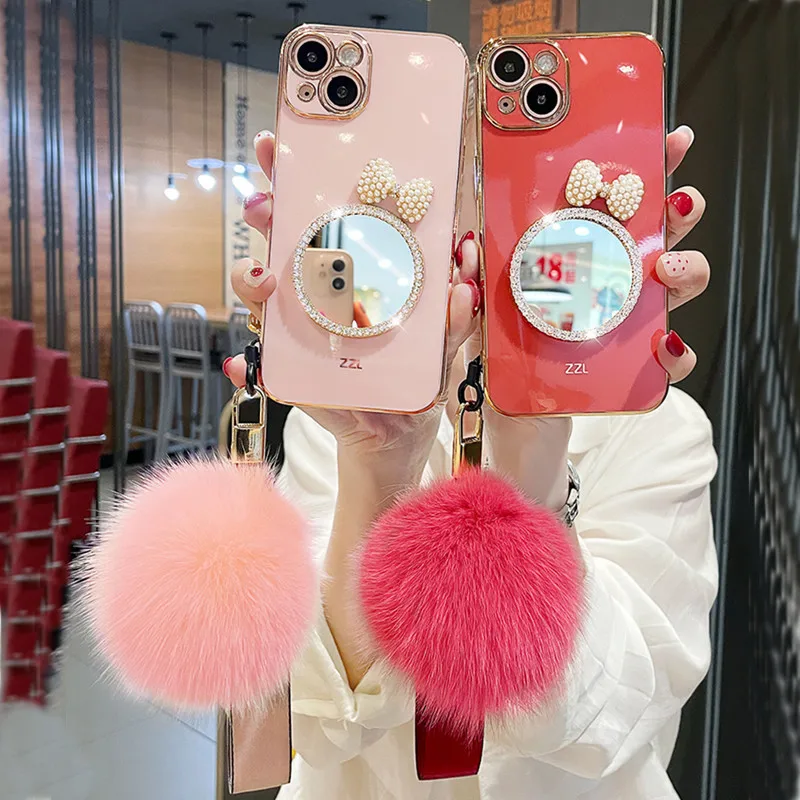 Fashion Luxury Bow Rhinestones Mirror Back Cover Plating TPU Fur Ball ...