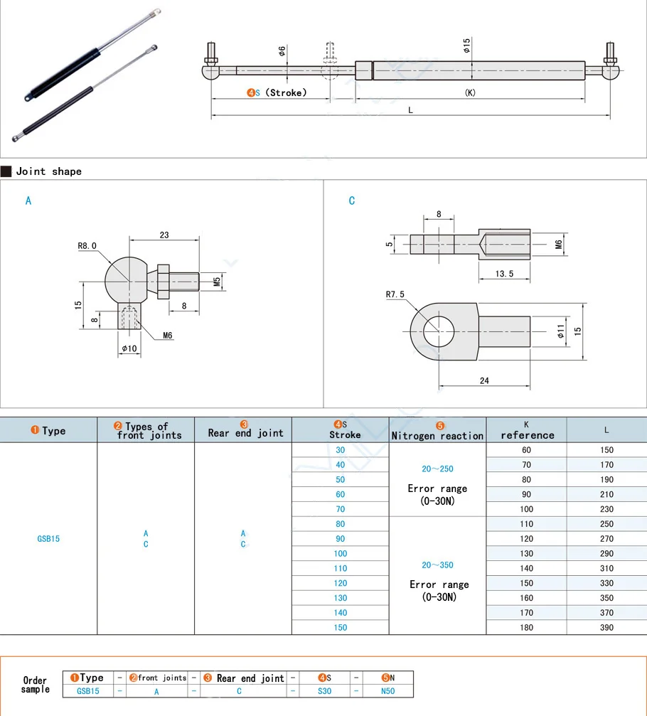 SUS 304 /316 Stainless Steel Gas Springs for Soft Closing