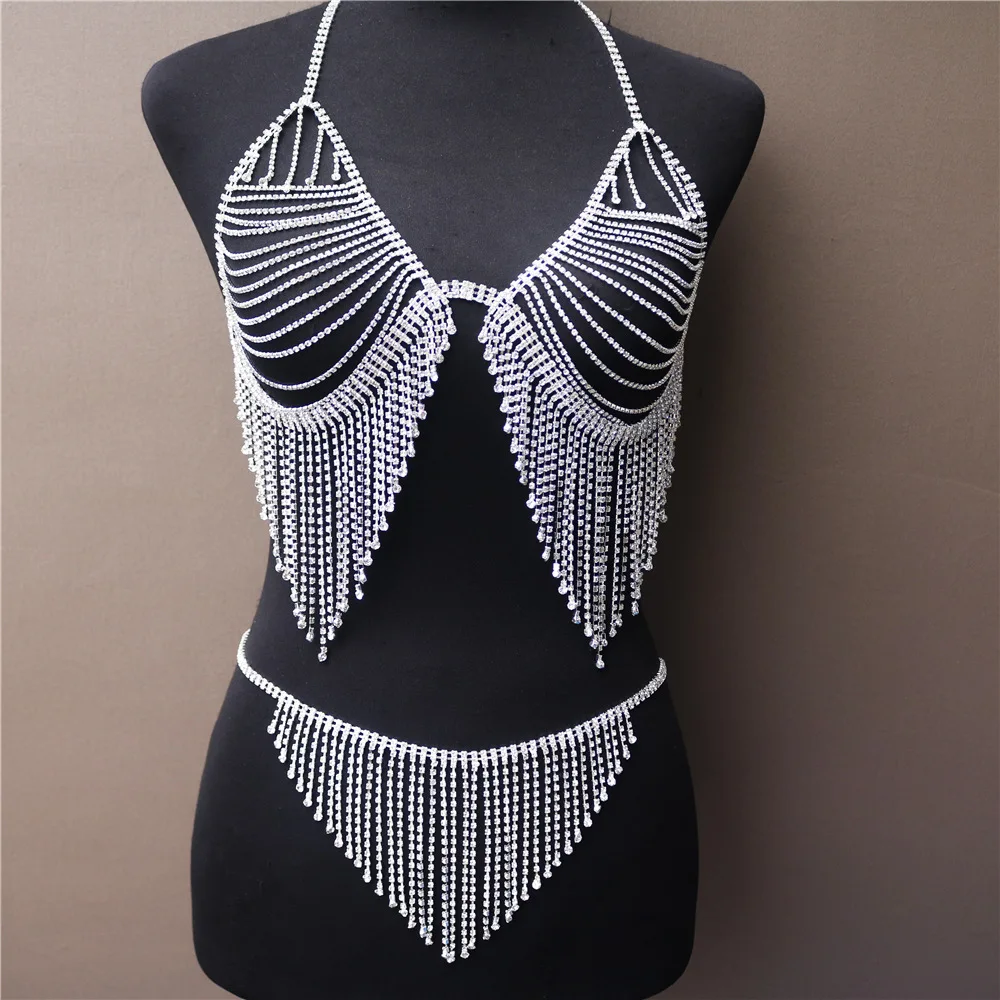 Rhinestone Body Chain Suit Sexy Shiny Tassel Nightclub Clothes Crystal Sexy Fashion Bikini