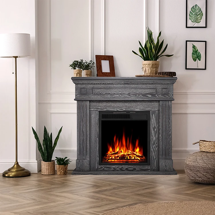 Remote Control Indoor Wood Grain Gray Tall Mantel Wooden Surround ...