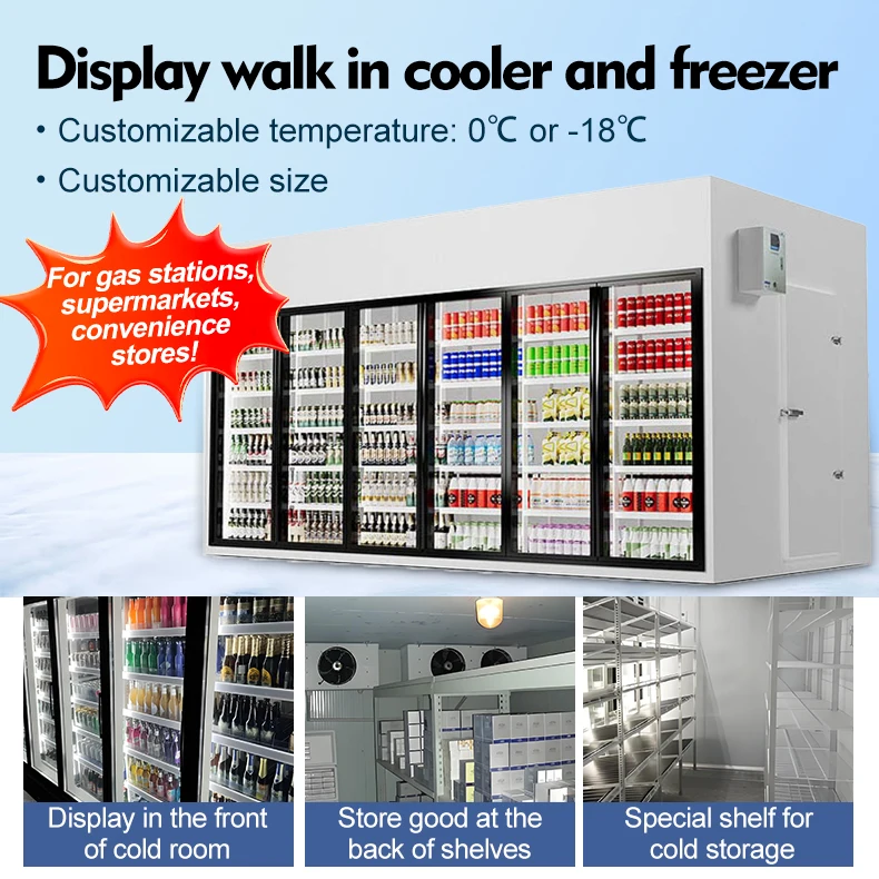 Display Walk-in Cooler Freezer Room With Glass Doors Cold Storage Room ...
