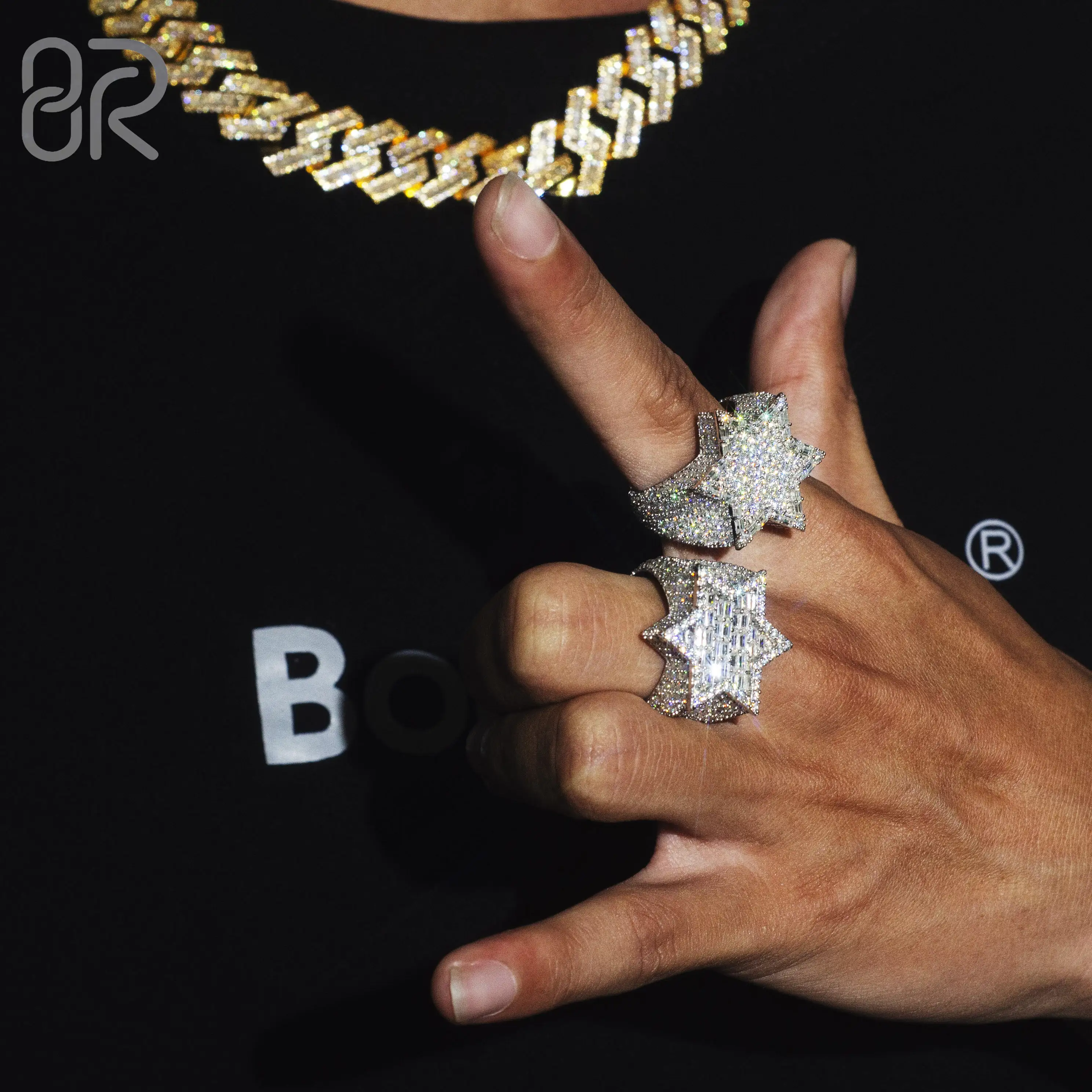 Wholesale VVS Moissanite Diamond Hip Hop Ring Six-pointed Star Baguette ...