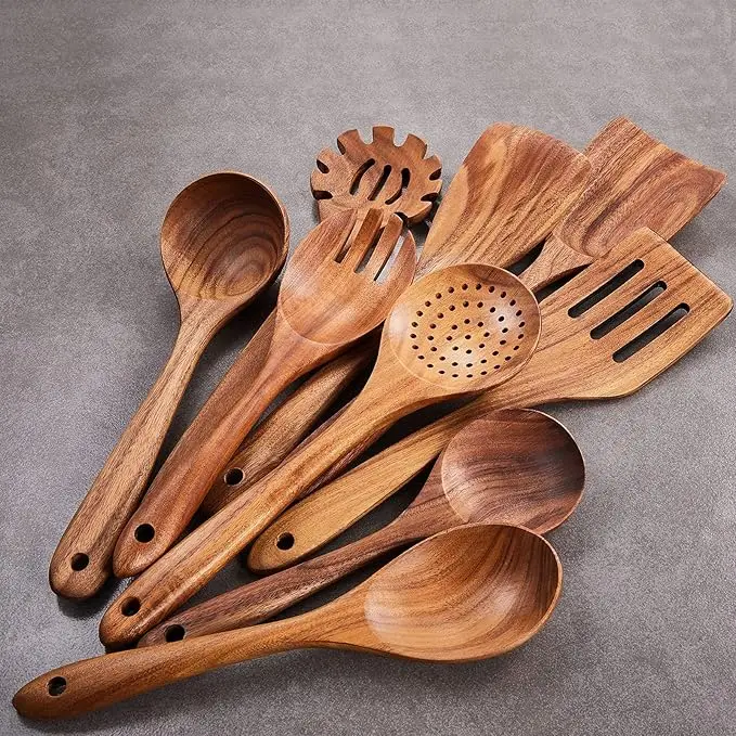Great 9-Piece Eco-Friendly Natural Teak Wooden Kitchen Utensils Set ...