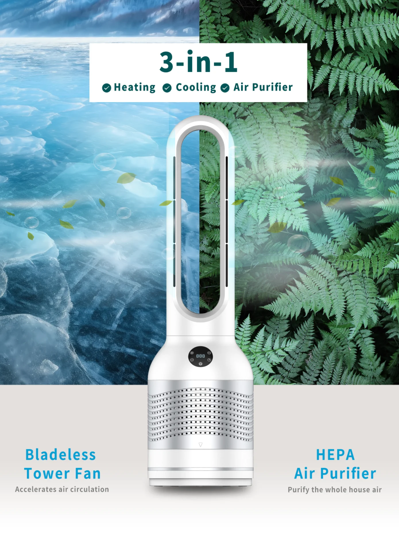 Smart Home 3-in-1 Bladeless Fan HEPA Filter Cooling Heating Air ...
