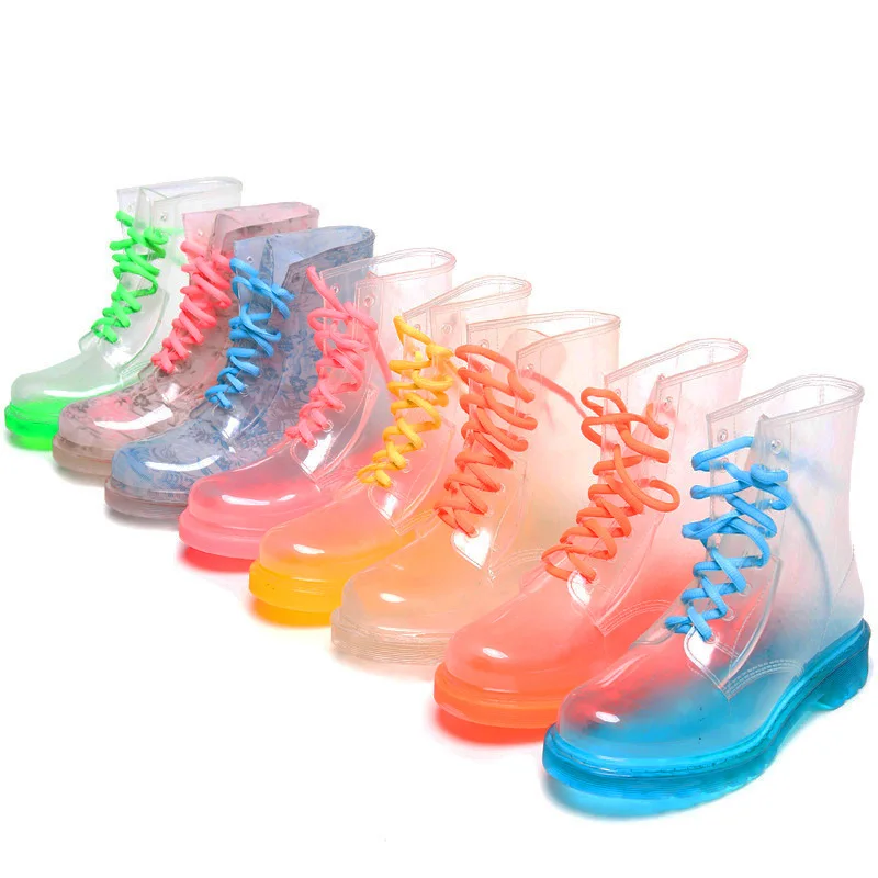Women Transparent Shiny Ankle Heeled Ankle Pvc Rain Boots Shoes For ...