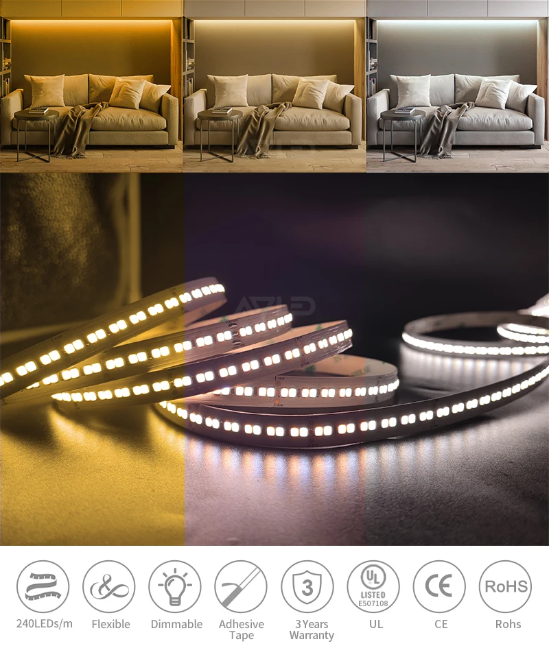 High Quality CCT LED Strip Lights SMD 2835 24V Adjustable 2700-6500K Flexible Strips 16.4ft Dual ...