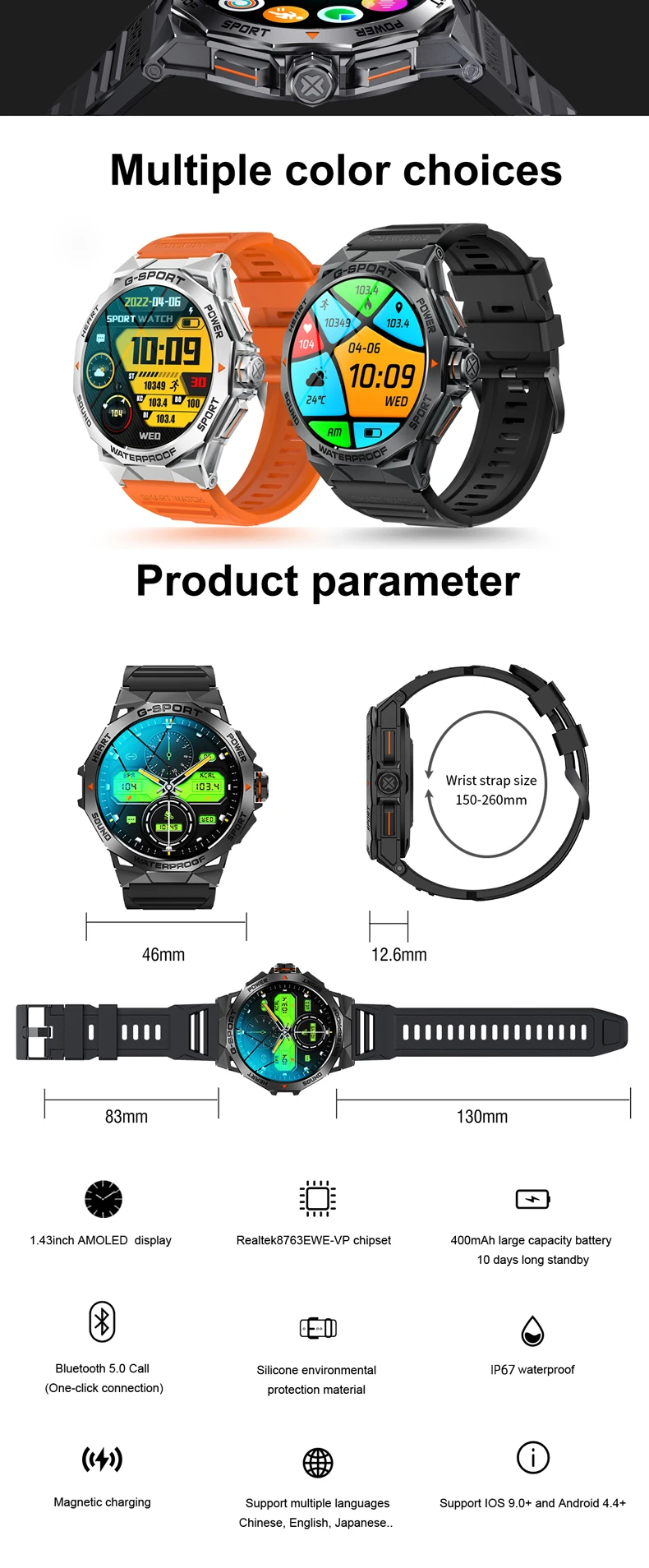 K62 Amoled Sports Smartwatch 1.43inch Ip68 Waterproof Multiple Sports ...