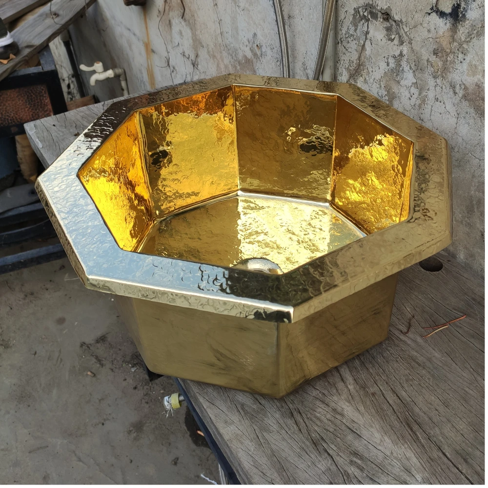 Handmade Octagon Shaped Hand Hammered Gold Color Brass Sink