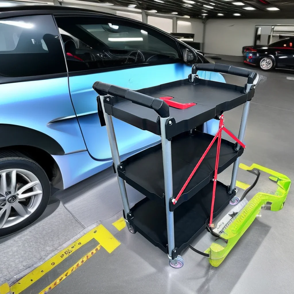Heavy Duty Foldable Car Wash Equipment Three Layers Plastic Tool Cart ...