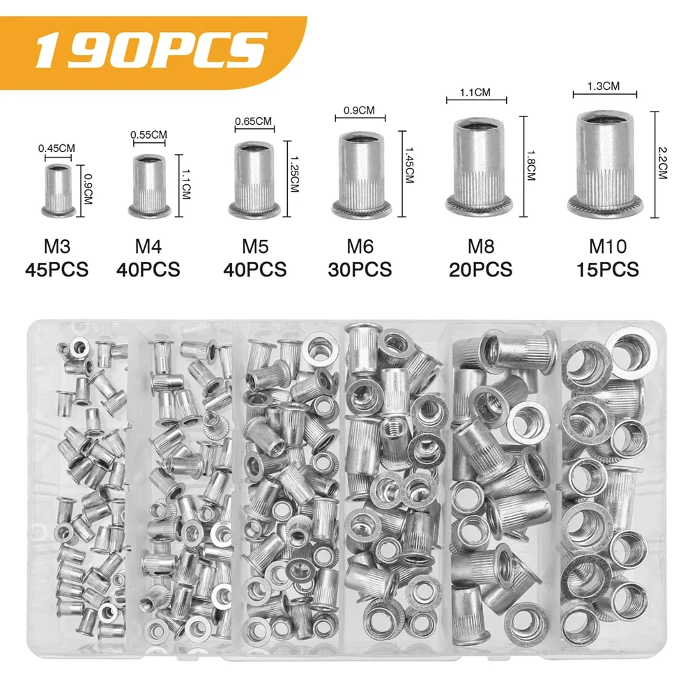 190pcs M3-M10 Aluminium Flat Head Rivet Nuts Set Nutserts