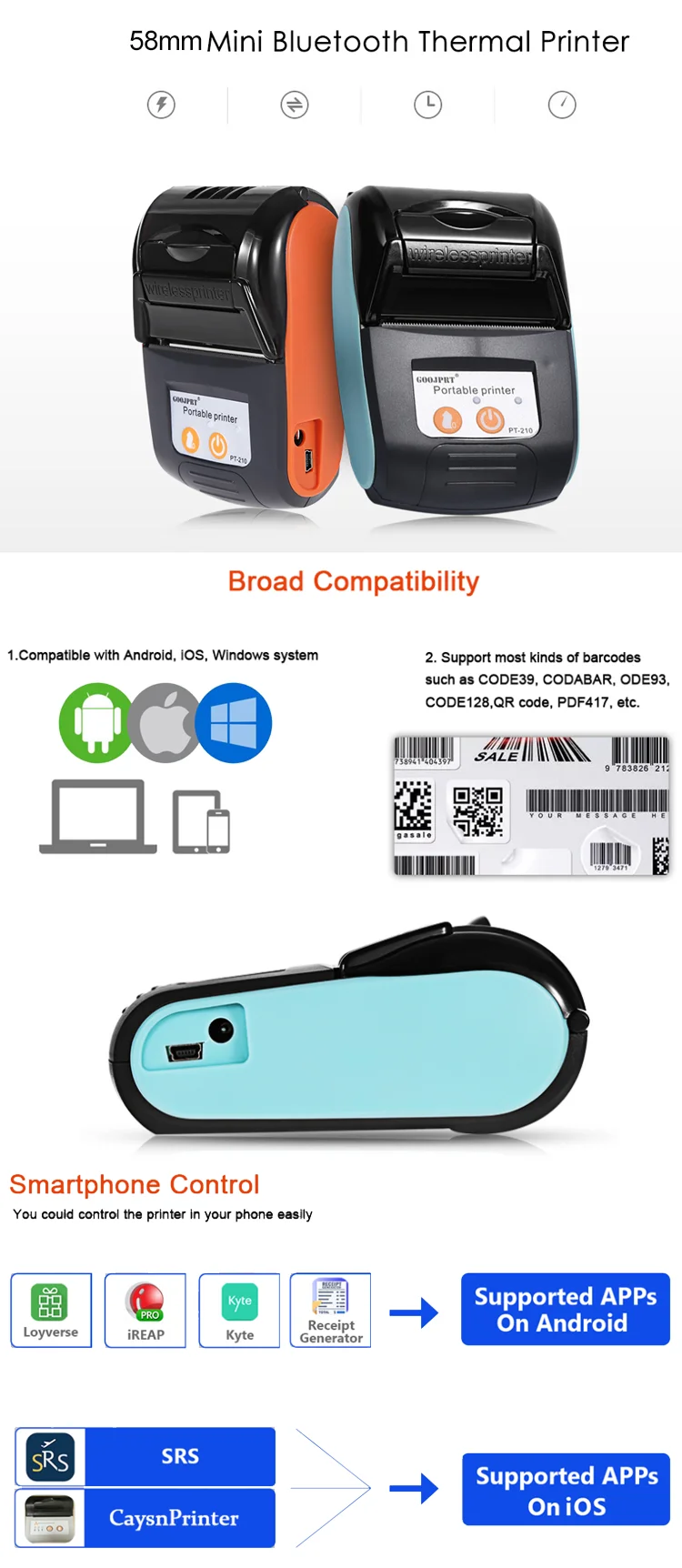 GOOJPRT Thermal Printer PT-210 - Portable & Efficient