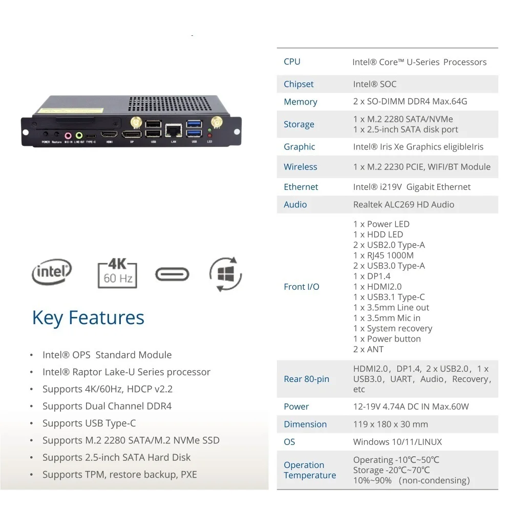 11th 12th & 13th Gen Core I3 I5 I7 Intel CPU Mini PC Windows 10 11 Pro 4K OPS Interactive Panel ...