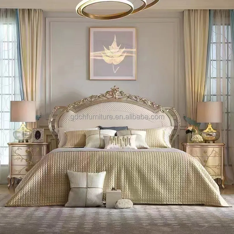 French Luxury Solid Wood Carved Bed Villa Bedroom Furniture king Size ...