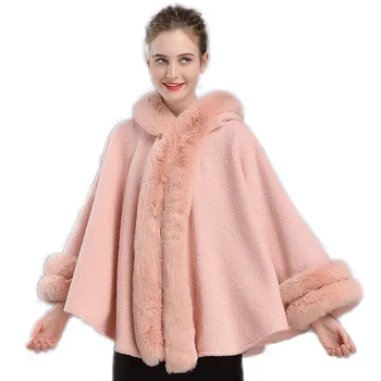 Luxury Faux Fur Cloaks With Hood Lady Winter Warm Fur Trim Shawl ...