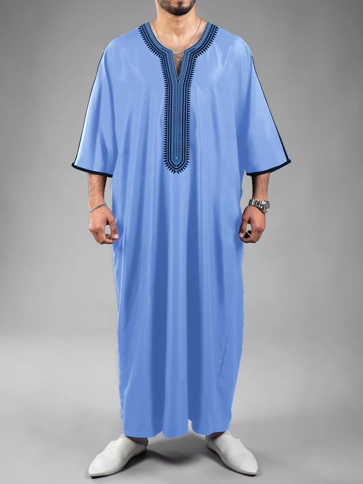 2024 Men's Thobe Collection - Embroidered Navy Moroccan Robes