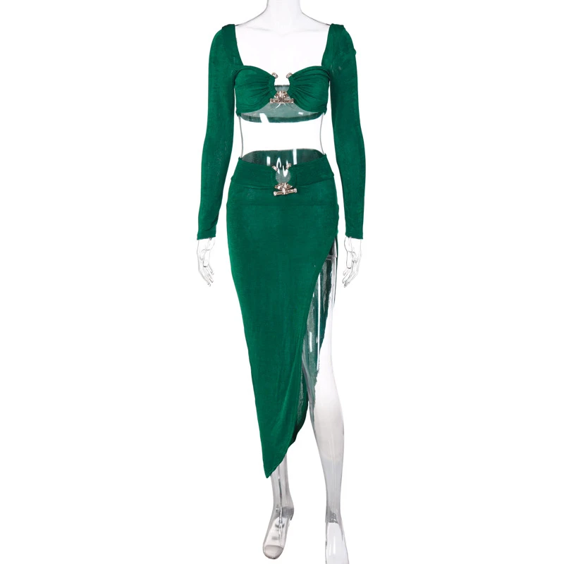 M4984 Sexy Solid Color Long Sleeve Crop Top And Split Skirt Ladies 2