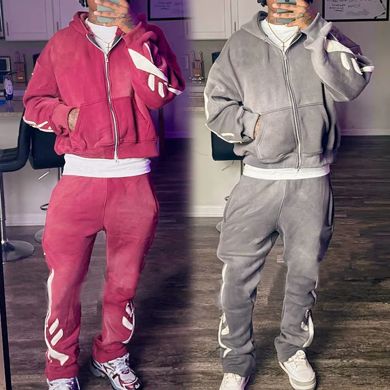 Streetwear Acid Washed Sweat Suits Zipper Hoodies Tracksuit Set Acid ...