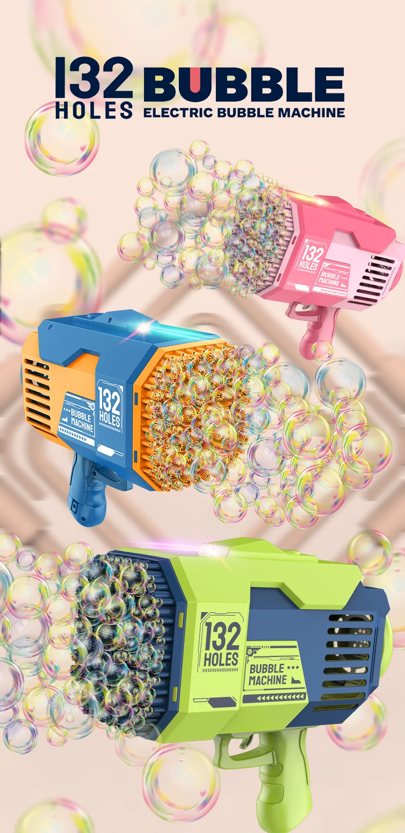 New 132 Holes Bubble Bazooka Automatic Electric Bubble Launcher Blaster ...