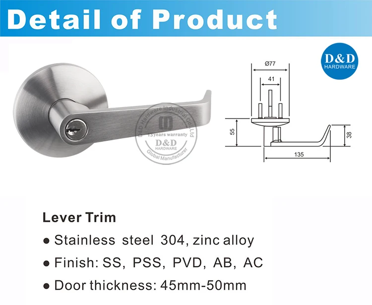 Stainless Steel EN1634 Fire Rated Exit Device Lever Trim
