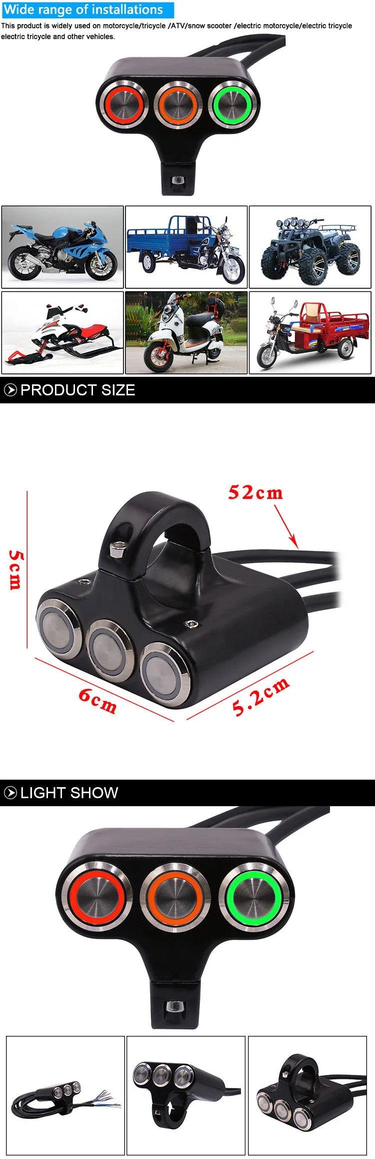 3 Way Motorcycle Handlebar Switch with Lights - 5 Wires Headlight Kill ...
