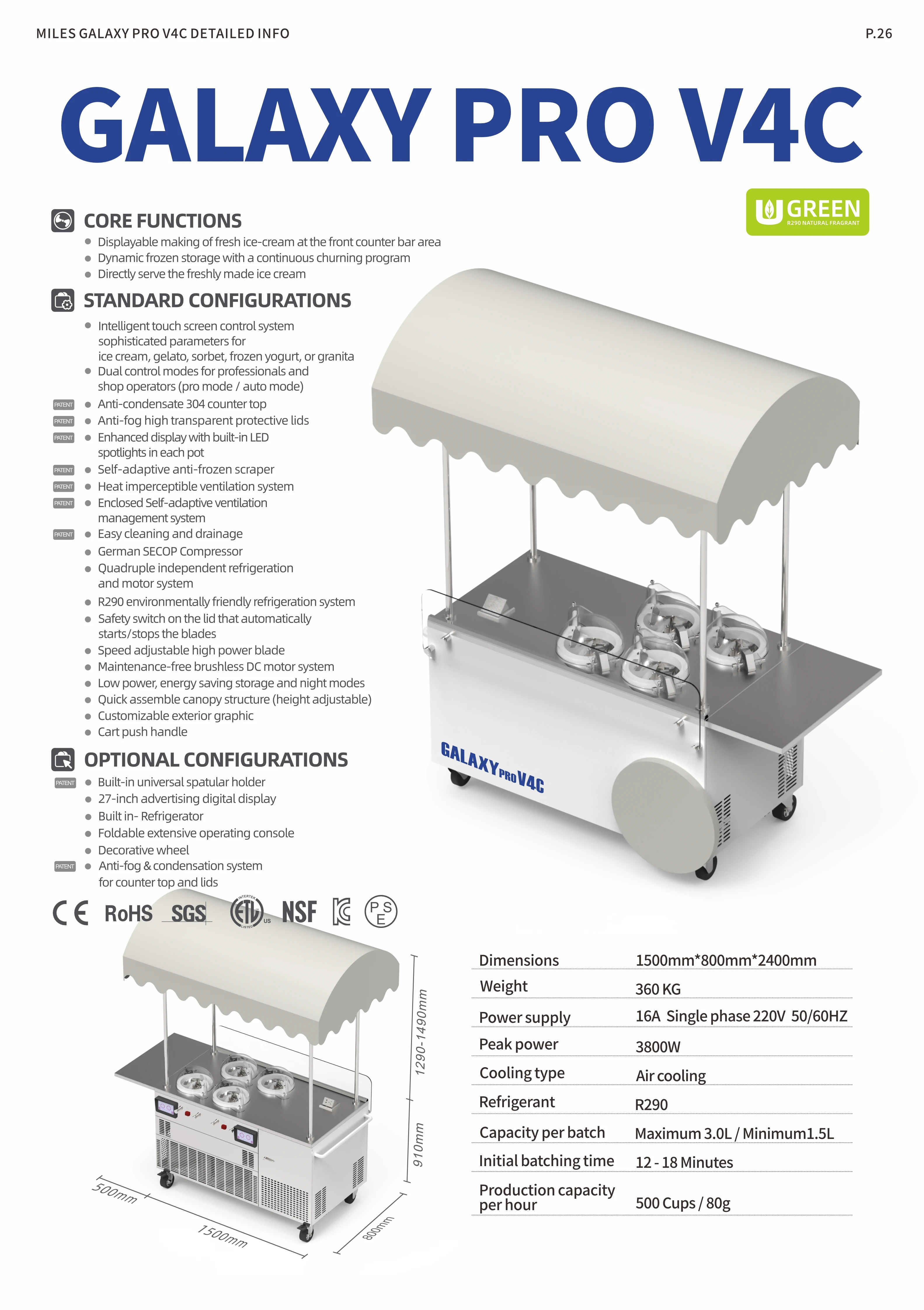 Miles Galaxy Pro V4 Mobile Ice Cream Cart For Soft Serve & Gelato, Oem