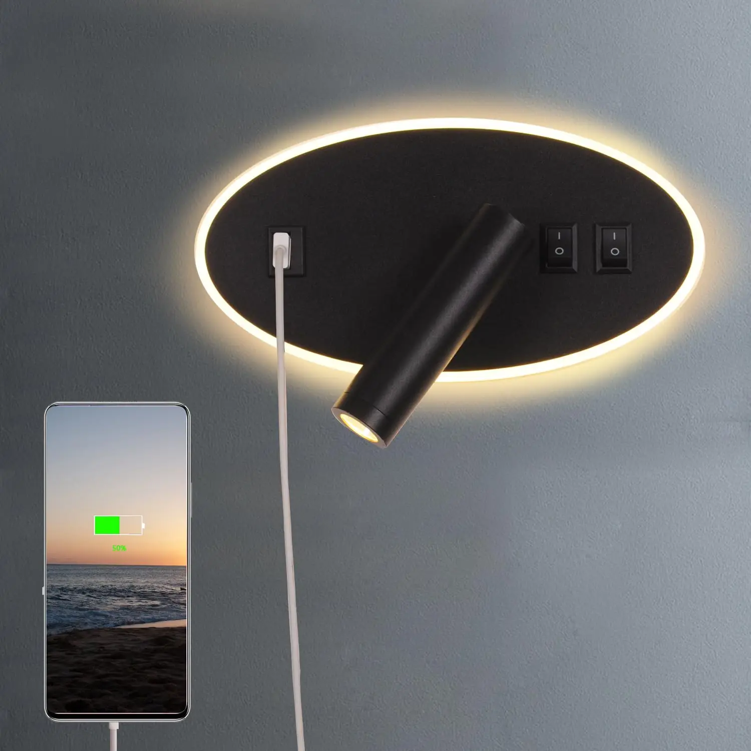 12W Black LED Wall Sconces USB Rechargeable Bedside Wall Light with ...