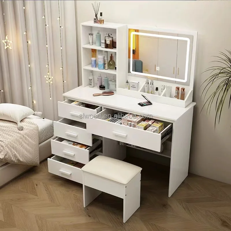 White Color Dressing Table For Girls With Storage Drawers Makeup Vanity ...