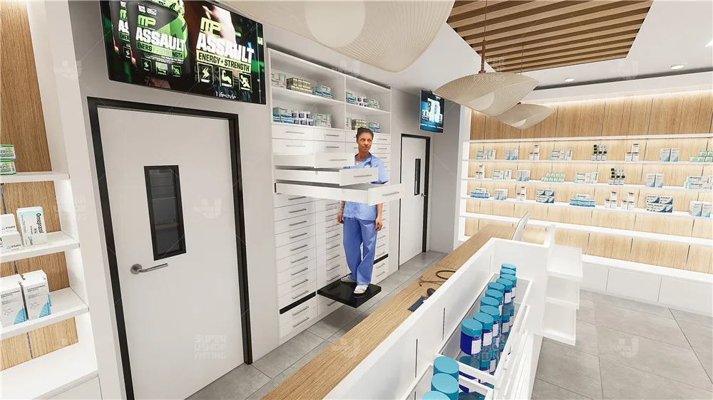 Customized Medical Glass Display Shelf Gondola Wooden Pharmacy Shelves ...
