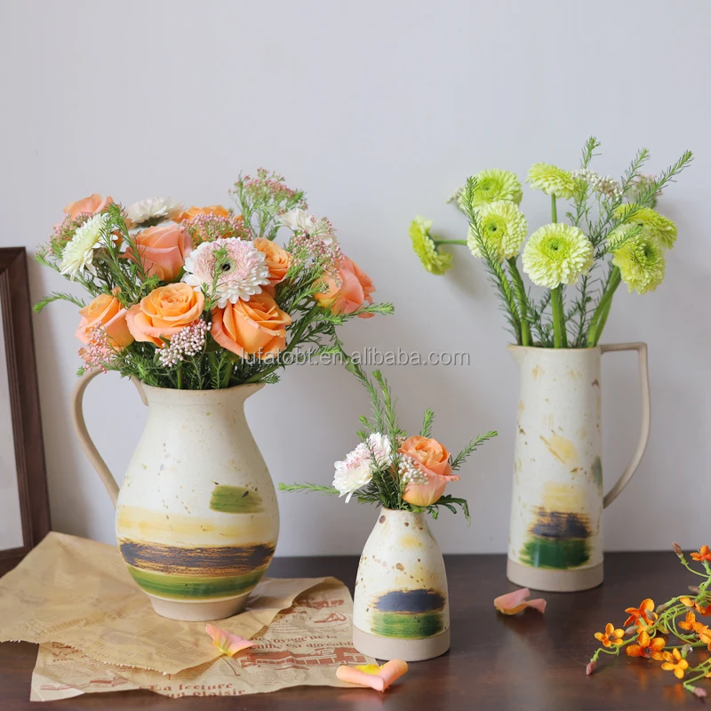 Retro Abstract Hand Painted Pitcher Shape Flower Earthy Color Ceramic ...