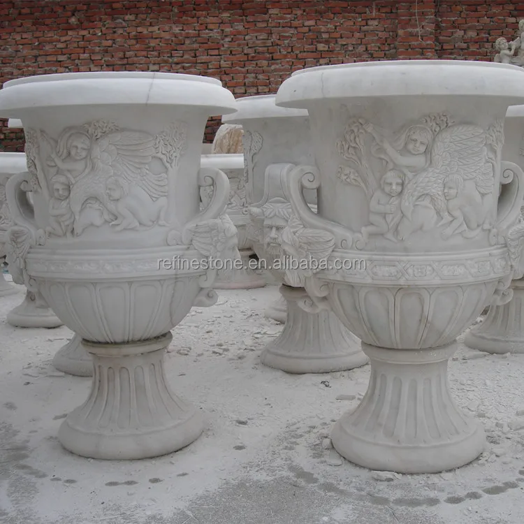 White Marble Flower Pots with Carving for Park Use Elegant Marble Pot ...