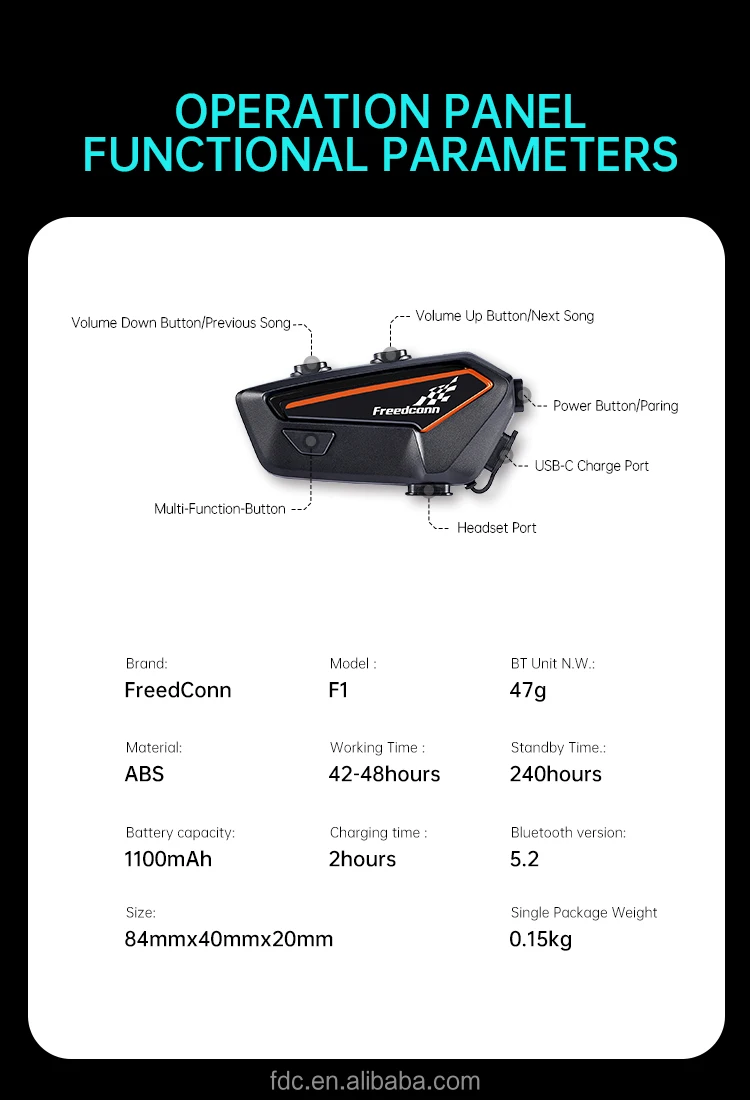 Freedconn F1 Bluetooth Intercom Headset - Universal Compatibility