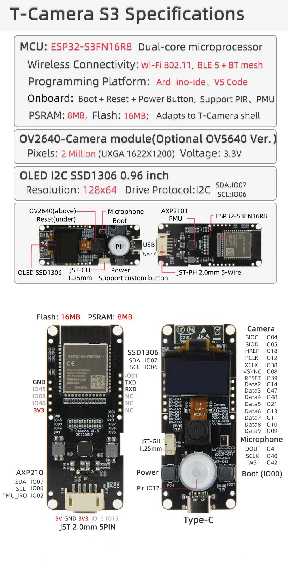 ESP32-S3 Development Board 2MP HD Camera 0.96 Inch OLED 16MB Flash WiFi ...