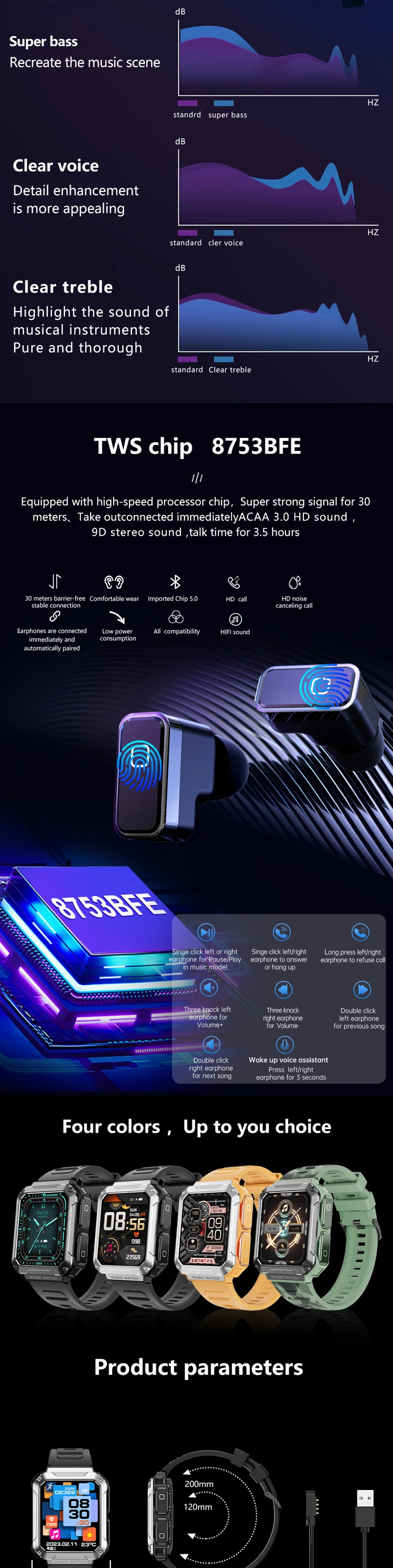 T93 Smart Watch with Wireless Earphones - 4G Memory