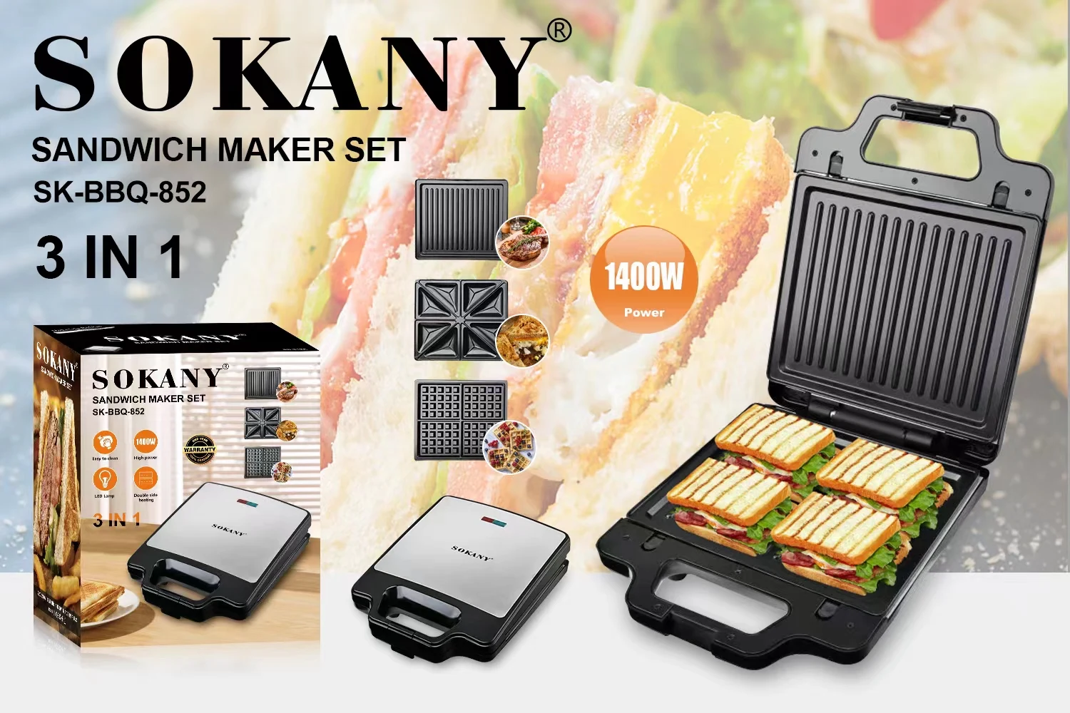 Sokany 852 Portable Sandwich Machine - 3in1 Cooking Versatility