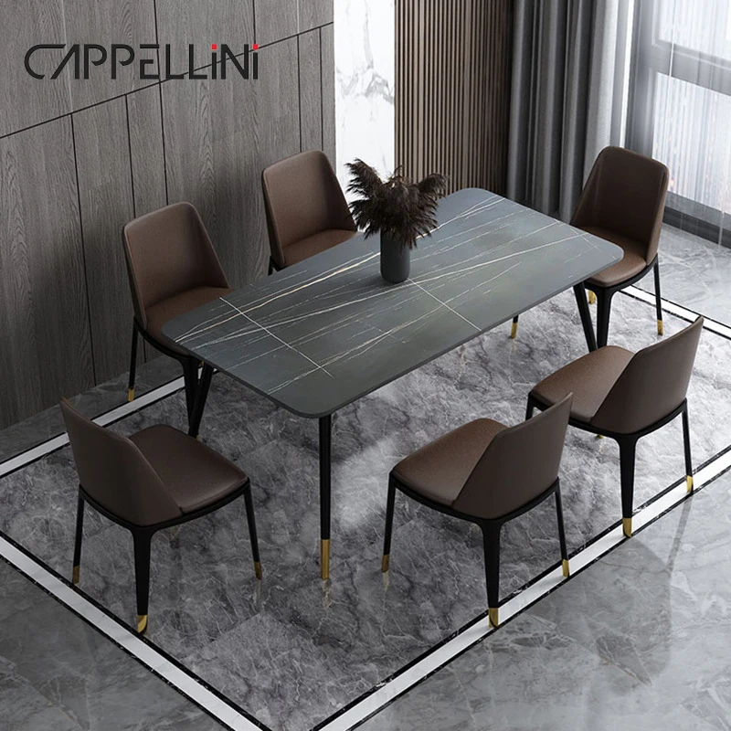Modern Metal Base Slate Stone Top Dining Table Set 6 Seater 4 Charis ...