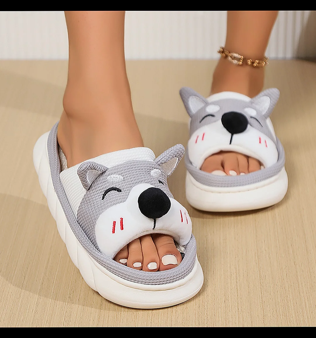 Grey Wolf Cartoon Platform Plush Slippers Winter Fur Style With Anti ...