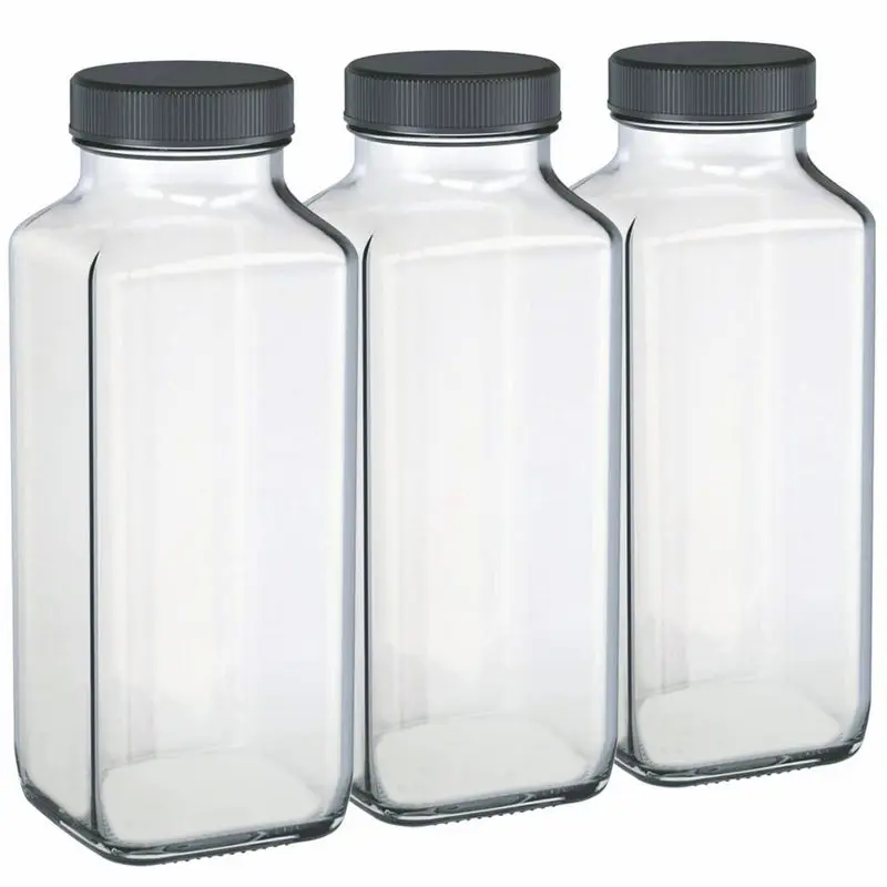 16oz 500ml French Square Glass Jar For Juice Milk Beverage With Plastic ...