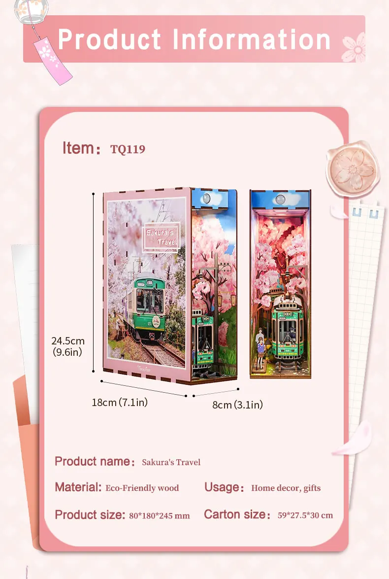 Tonecheer Sakura's Travel DIY Book Nook Kit - Wooden Bookends