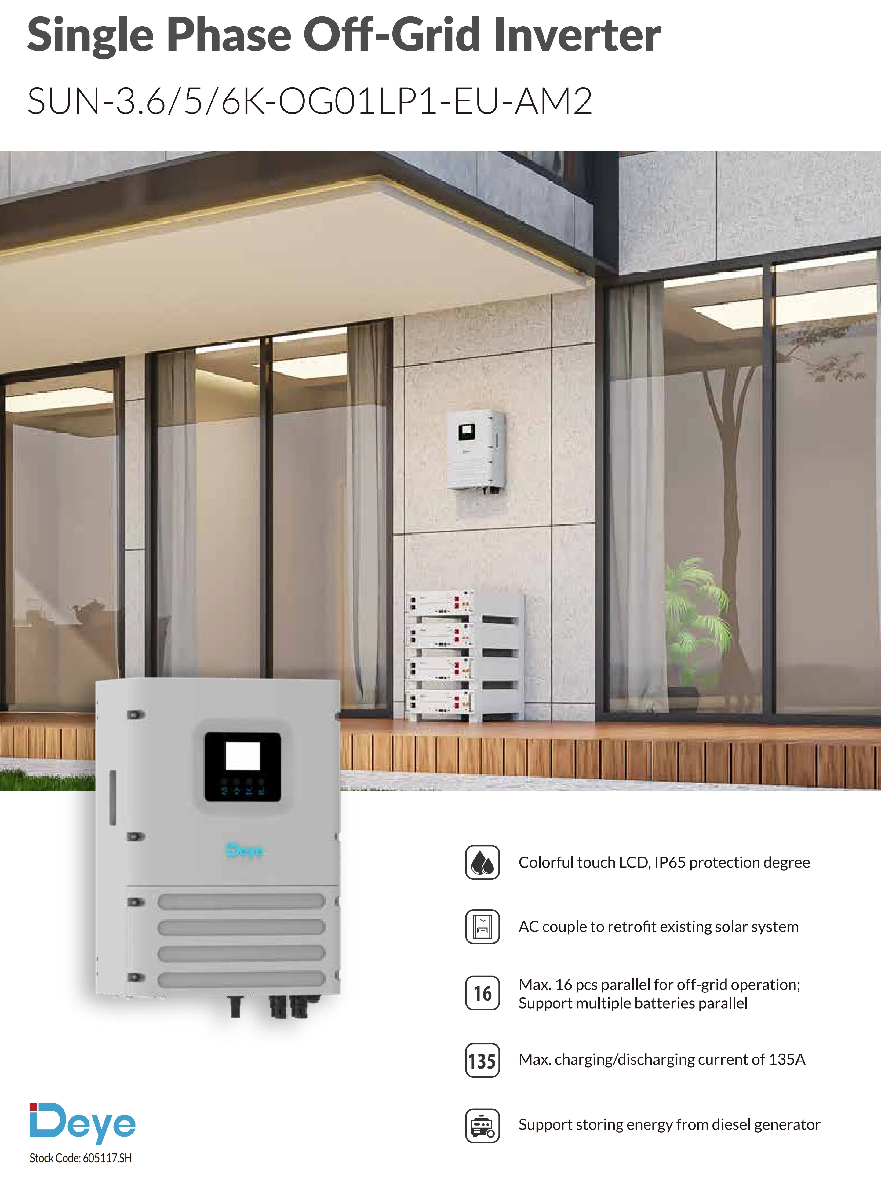 新Deye SUN-3.6/5/6K-OG01LP1-EU-AM2 3.6k 5k 6k IP65单相离网和混合逆变器| Alibaba.com