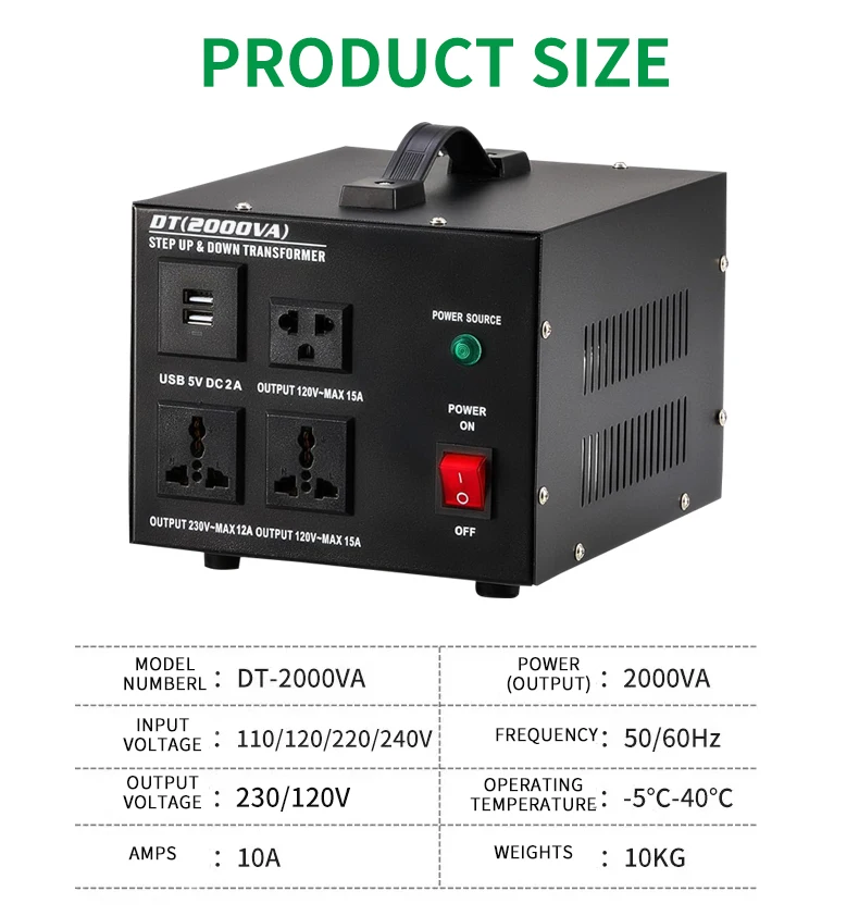 DT-2000VA Heavy Duty Voltage Transformer, Step Up/Down 110V to 220V ...