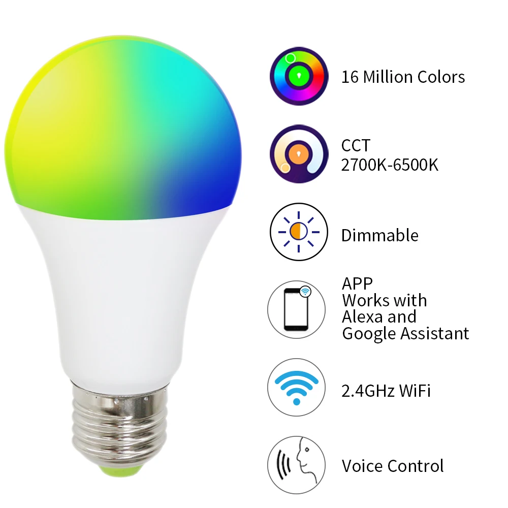 A19 E27 Dimmable Lamp 9w Rgbcw Color Changing 2700k-6500k Wifi Smart ...