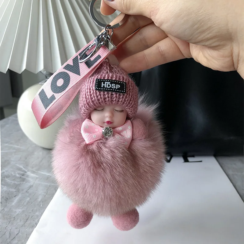 Sweet Cute Sleeping Baby Doll Keychain - Fluffy Plush Rabbit Fur Ball ...
