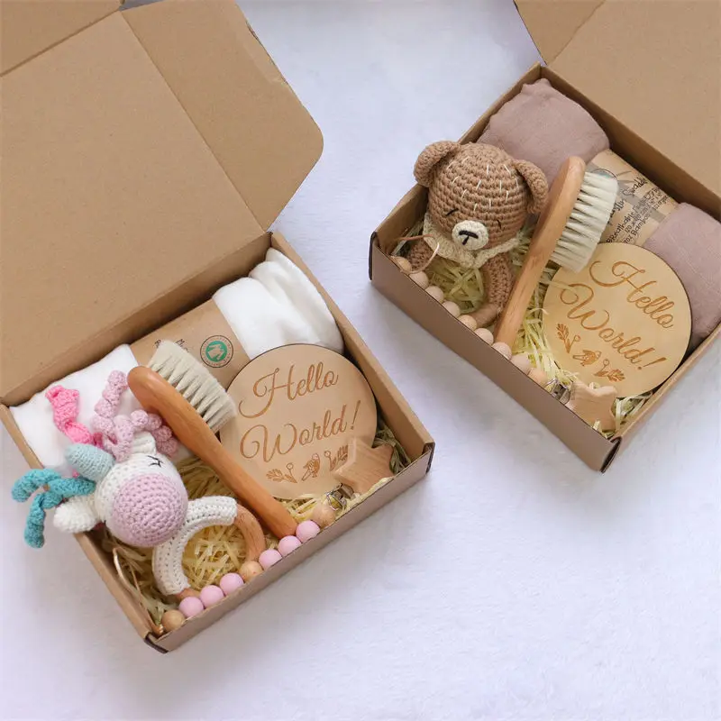 Custom Gift Boxes Cartoon Crochet Animal Rattles New Born Baby Muslin ...