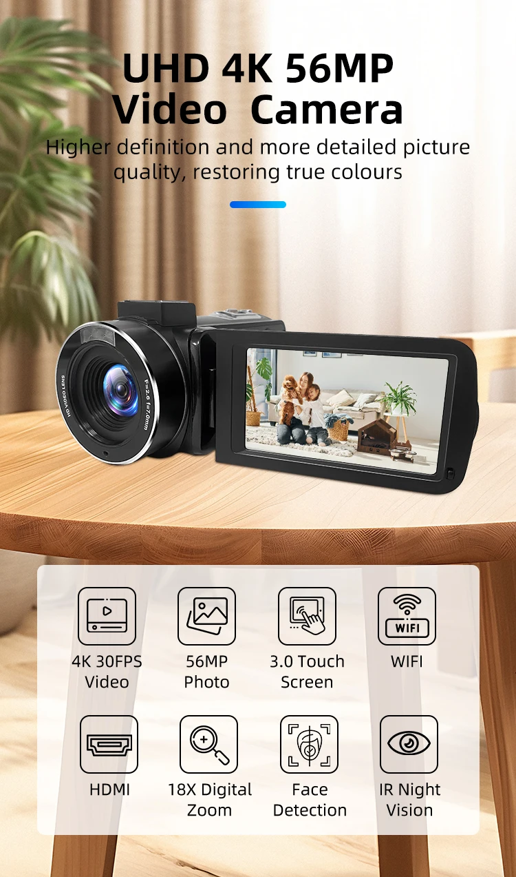 UHD 4K 56MP Video Camera 18X Digital Zoom 3.0 Inch IPS Screen Camcorder ...