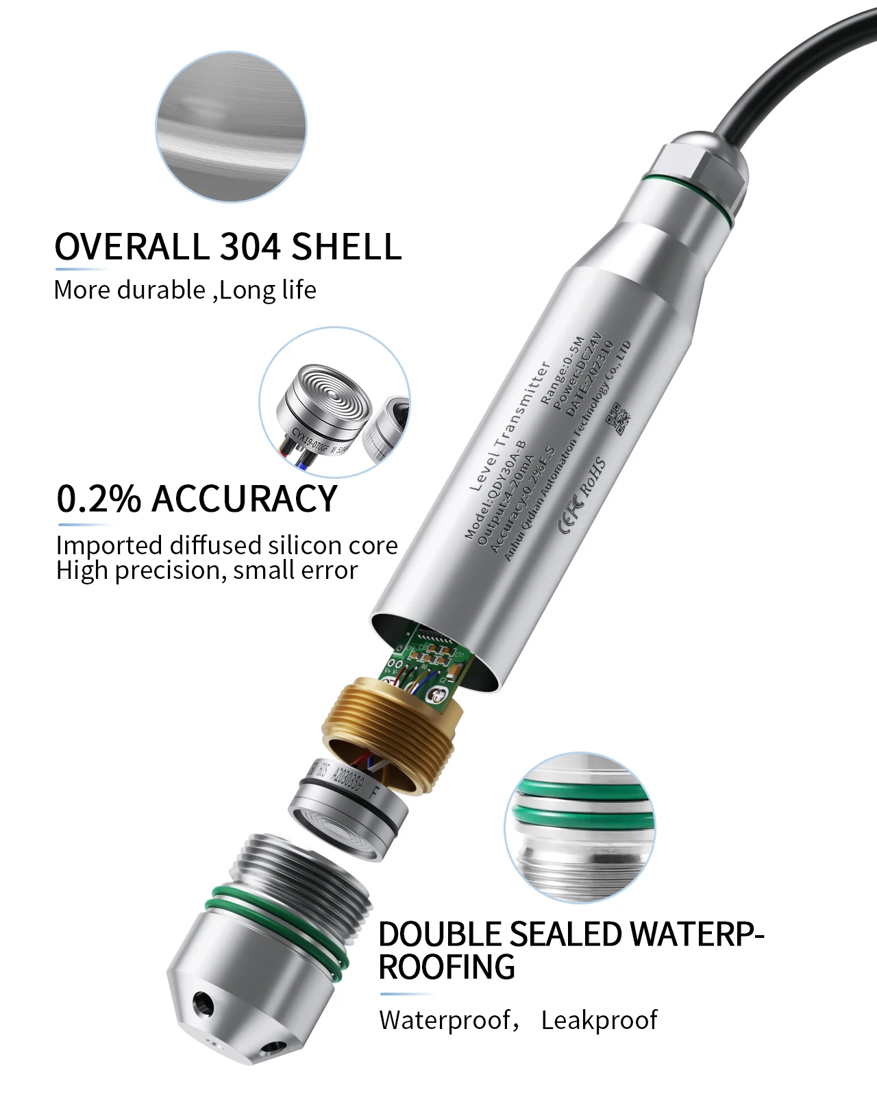 304 Stainless Steel Hydrostatic Level Probe 4-20mA 0-10V RS485 ...