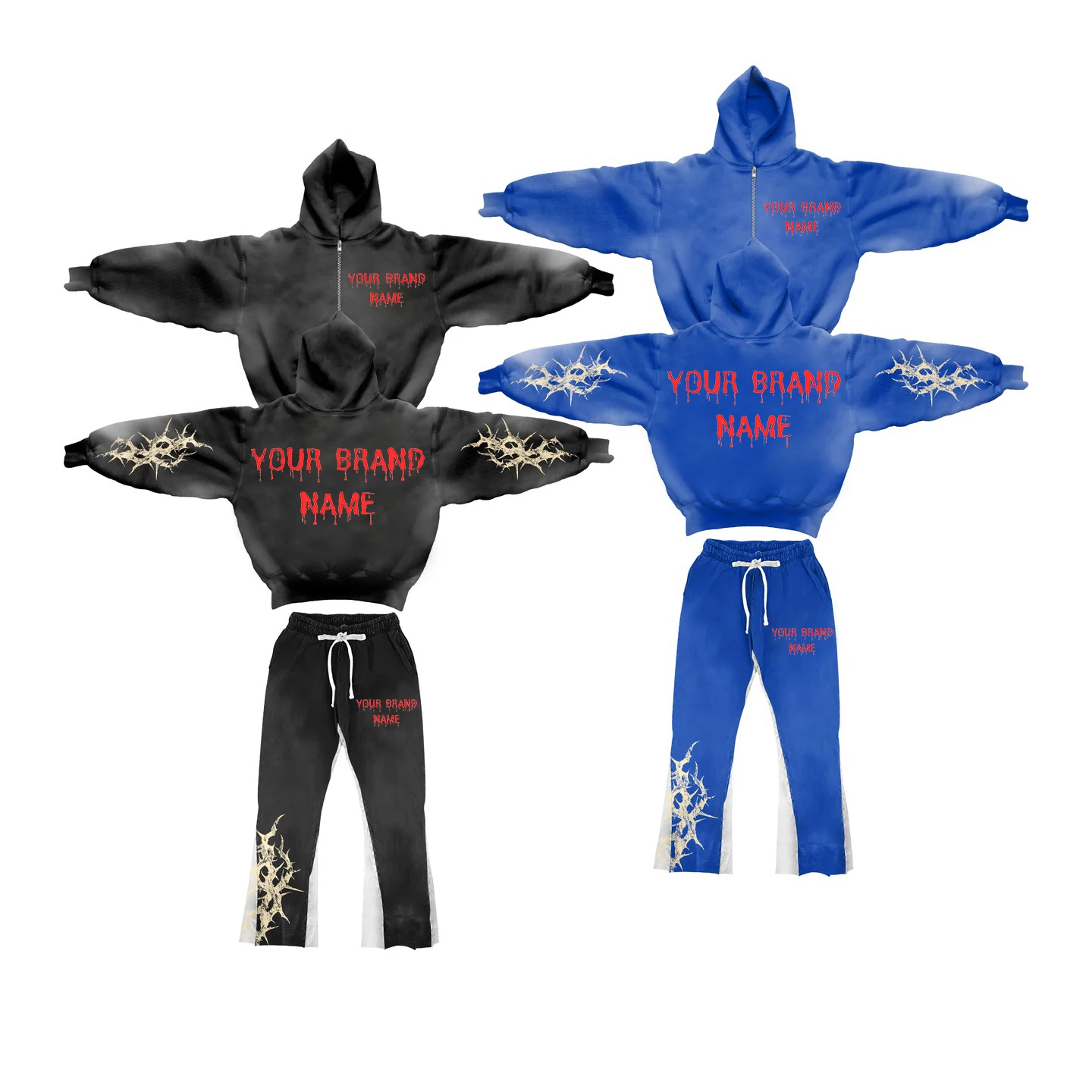 Custom Logo Acid Washed Hoodie and Flared Sweats Sun Faded Tracksuit ...