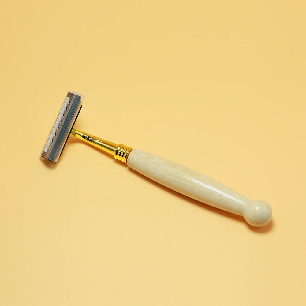 Vintage Style Double-Edged Manual Shaver with Solid Wood Handle & Gold ...