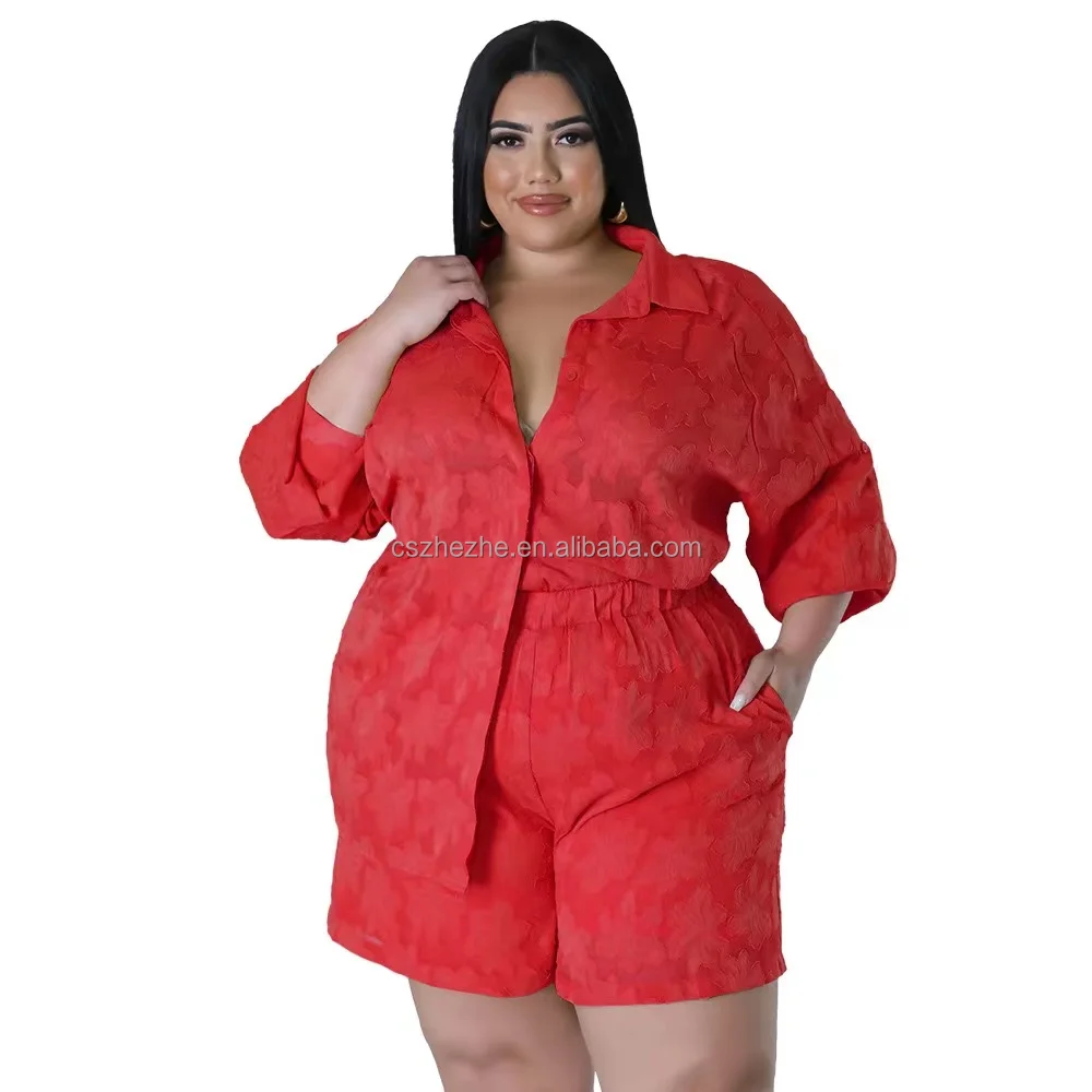 ZHEZHE Solid Color Plus Size Women's Sets Long Sleeve Chiffon Jacquard ...