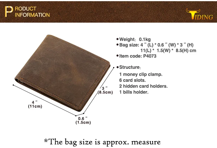 Tiding Custom Men Vintage Crazy Horse Genuine Leather Wallet
